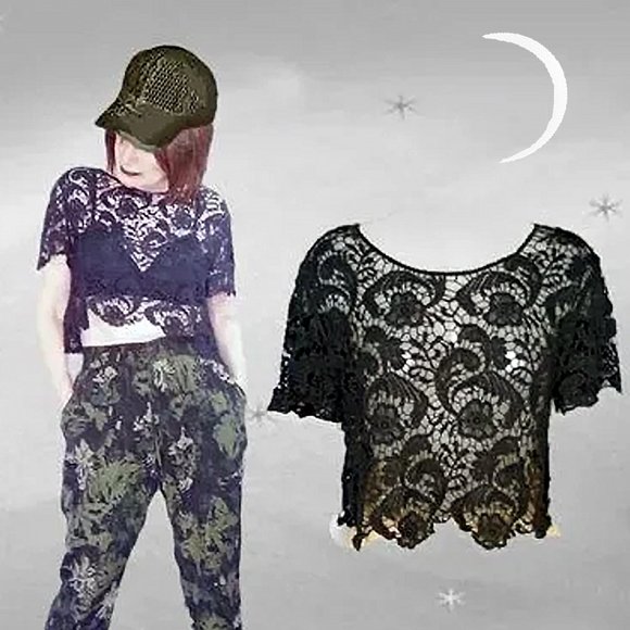 Express | Tops | Black Lacy Crop Top Cotton Crochet Lace Loose Open ...